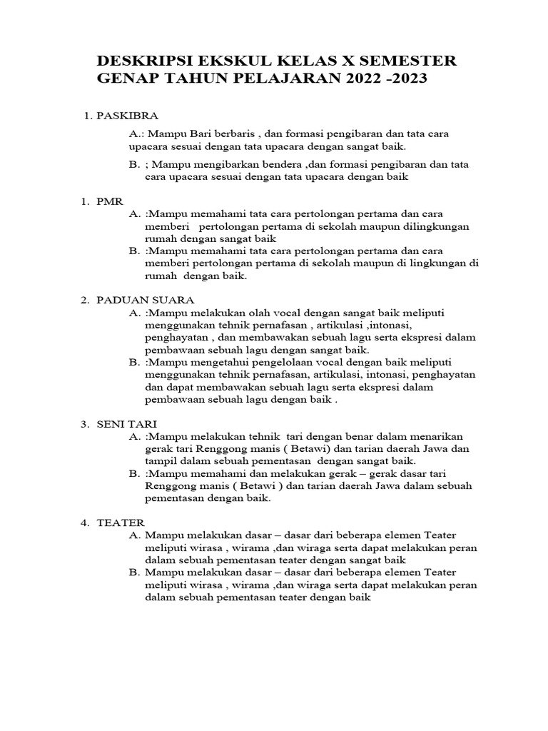 Deskripsi Nilai Ekskul Semester Genap Kelas X Tahun Pelajaran 2022 - 2023 | PDF | Kajian Bahasa ...
