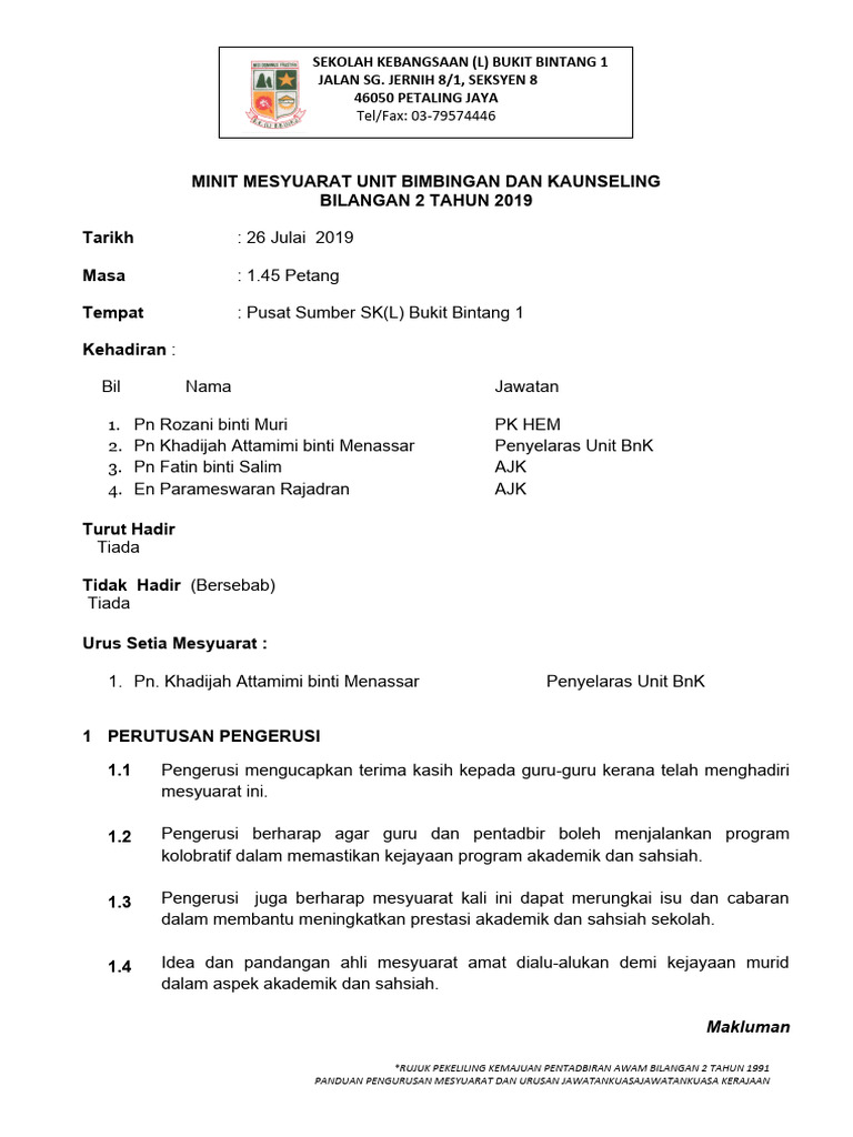 Minit Mesyuarat Bil 2 2019 | PDF