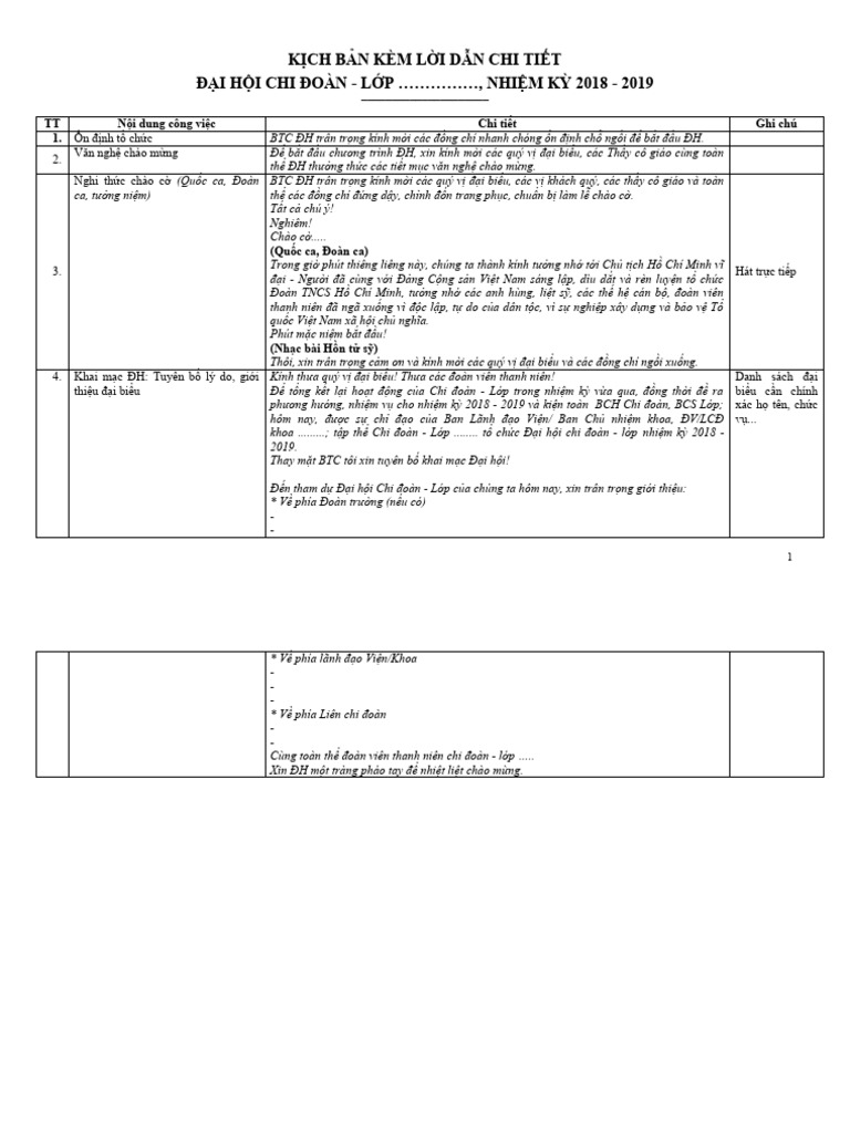 Kich Ban Kem Loi Dan Chi Tiet DH Chi Doan 2018 | PDF