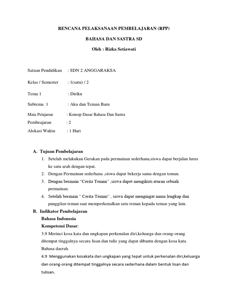 RPP Bahasa dan Sastra Kelas 1 SD | PDF