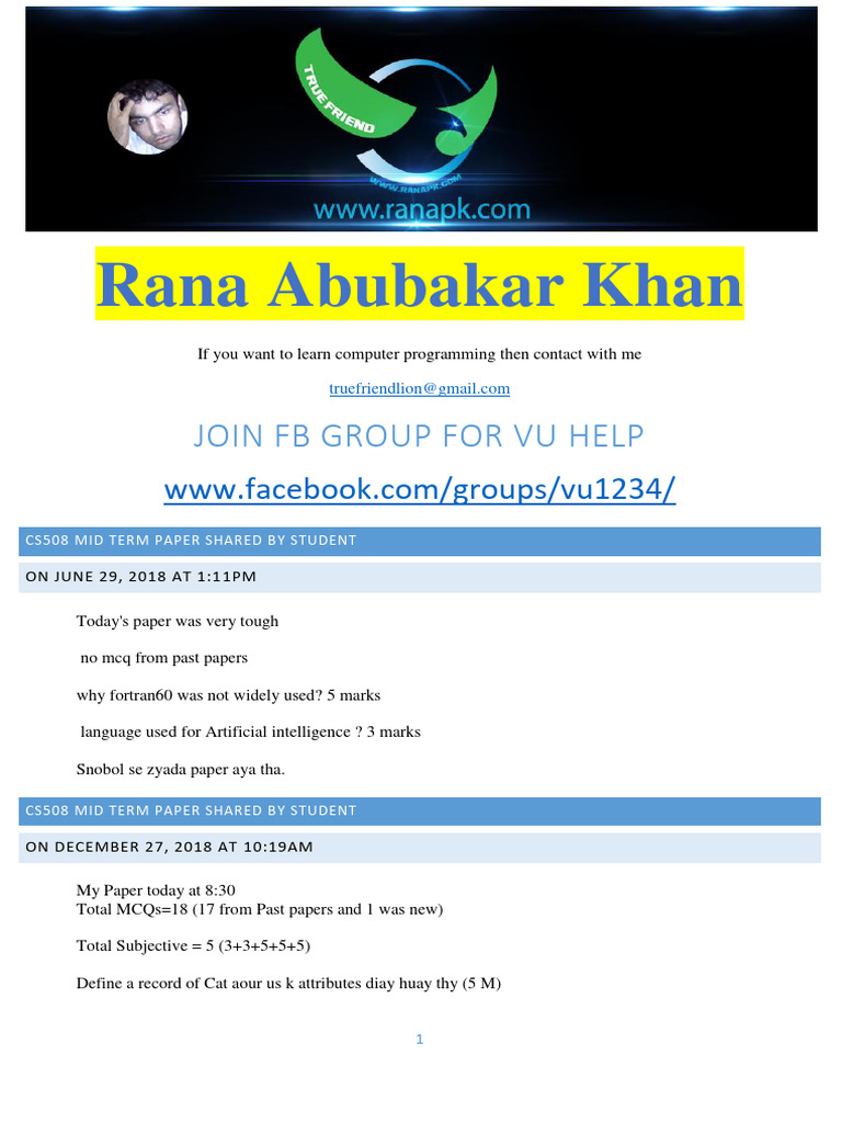 CS508-MidTerm-By Rana Abubakar Khan | PDF | Programming Language | Computer Programming