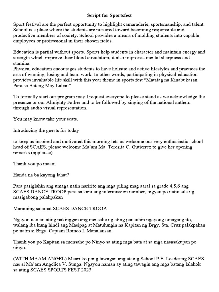 Script For Sportsfest | PDF