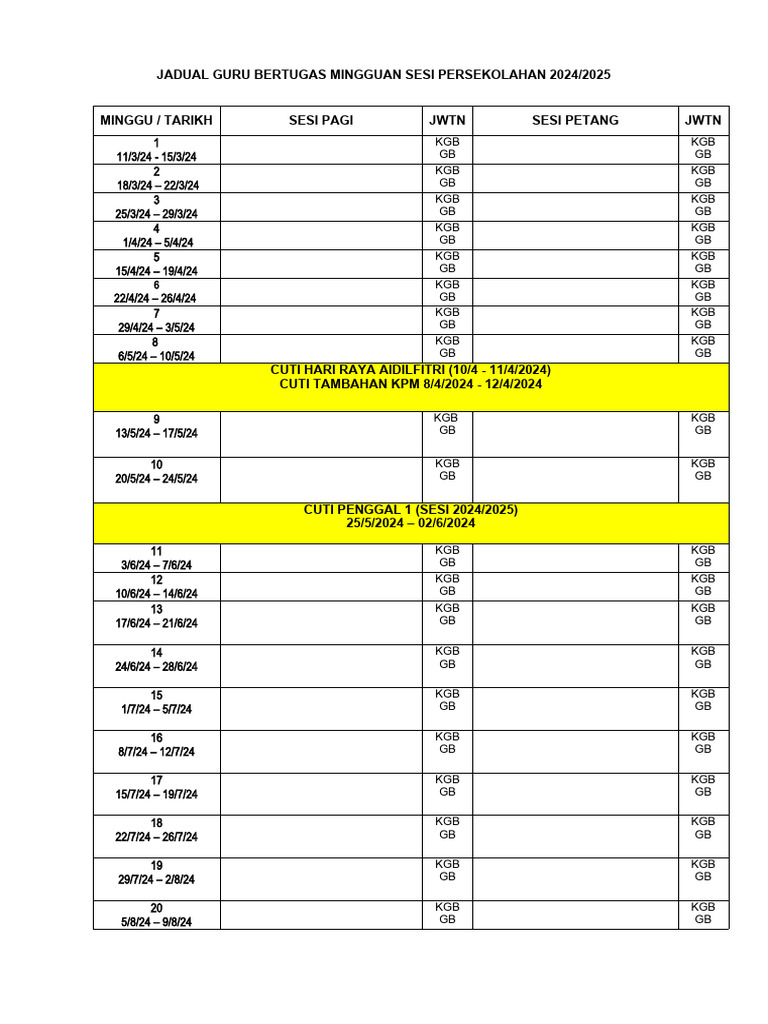 Jadual Guru Bertugas Mingguan Sesi Persekolahan 2024 | PDF