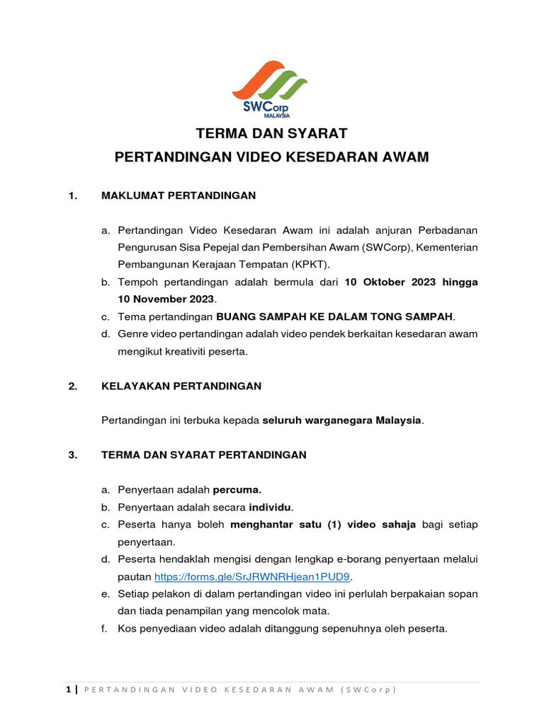 Pertandingan Video Kesedaran Awam SWCorp | PDF