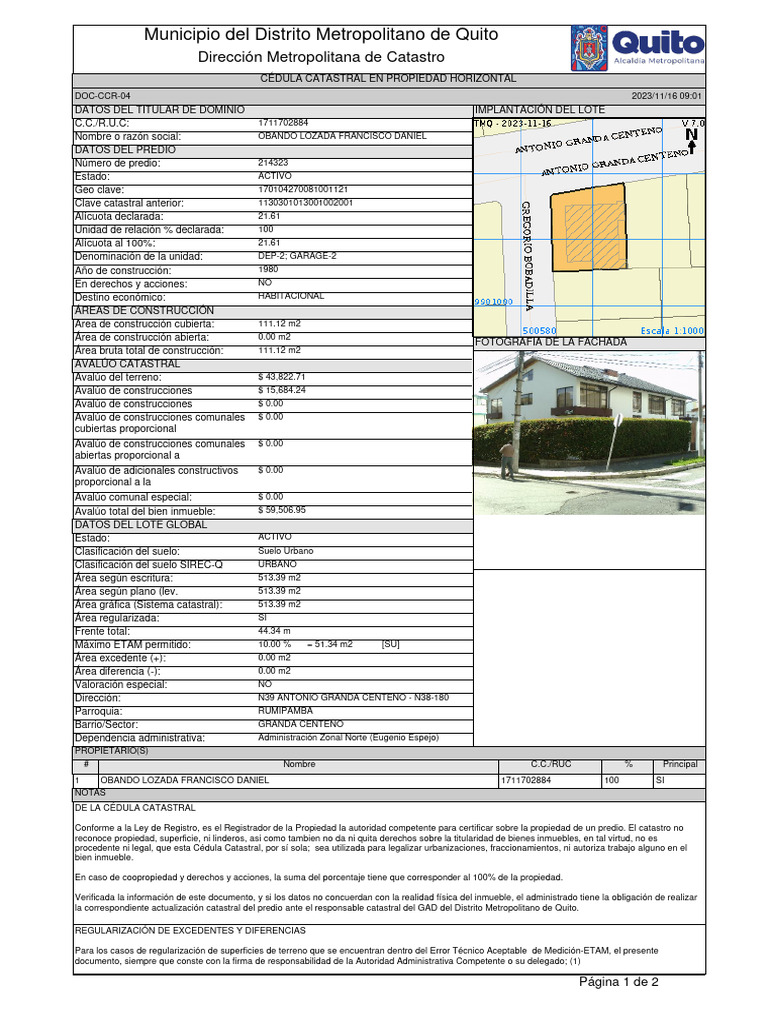 CedulaCatastral 214323 | PDF | Propiedad