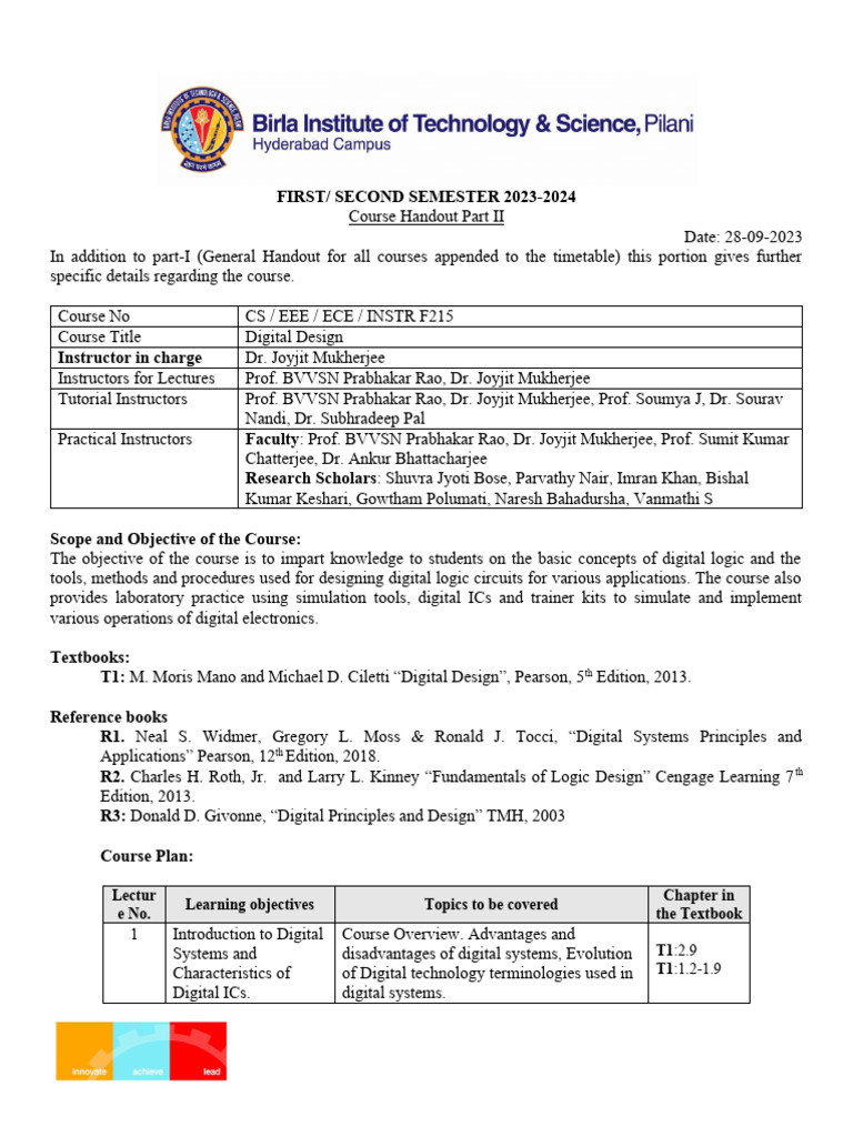 CS - ECE - EEE - INSTR F215 Digital Design Handout I Sem 2023-24 | PDF | Logic Gate | Hardware ...