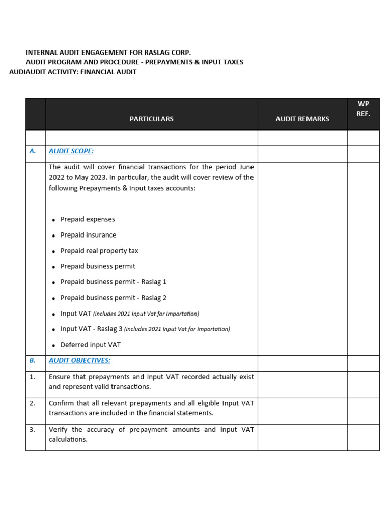 Audit Program - Prepayments & Input Taxes v.3 | PDF | Audit | Invoice