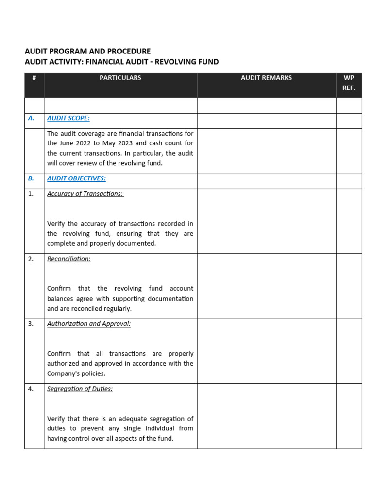 Audit Program - Revolving Fund | PDF | Internal Control | Audit