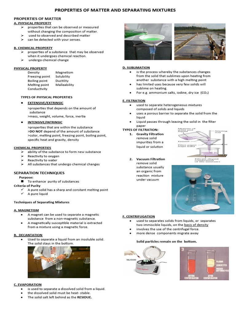 Properties of Matter and Separating Mixtures | PDF | Chromatography | Filtration