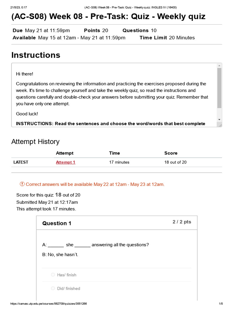 (AC-S08) Week 08 - Pre-Task - Quiz - Weekly Quiz - INGLES IV (16400) | PDF