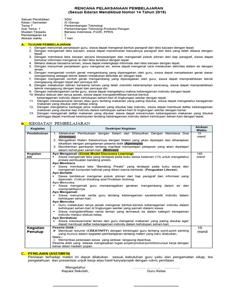 Kegiatan Pembelajaran: Rencana Pelaksanaan Pembelajaran (Sesuai Edaran ...