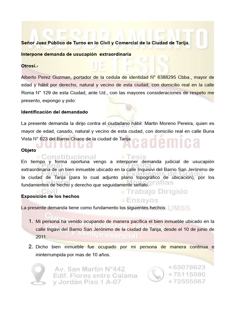 Demanda de Proceso Ordinario Oral Usucapion Extraordinario | PDF ... Demanda de Proceso Ordinario Oral Usucapion Extraordinario | PDF ...