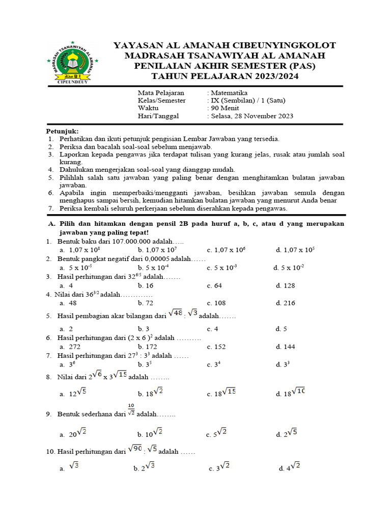 MTK Kls 9 Sem 1 (2023) | PDF | Metode & Bahan Ajar