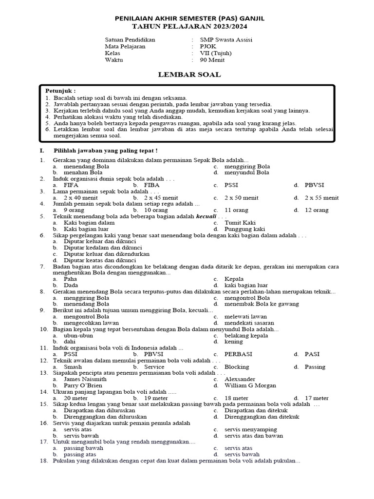 SOAL PJOK Kelas 7 | PDF