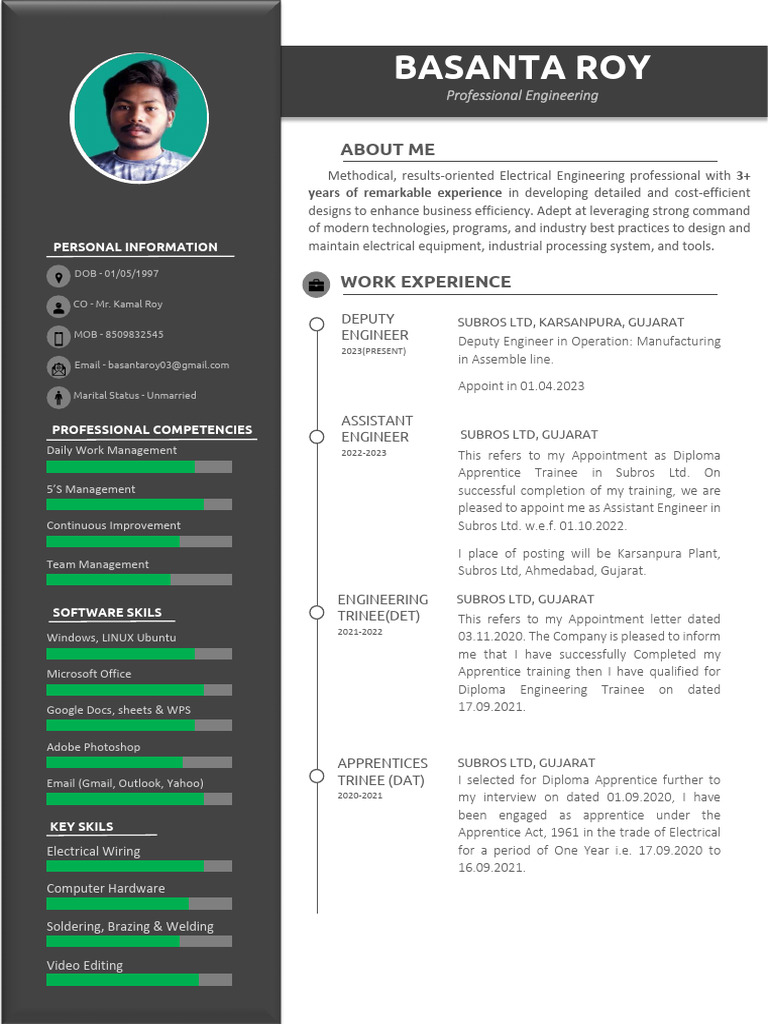 BASANT ROY Two Page Resume | PDF | Engineering | Diploma