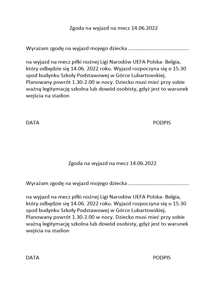 Zgoda Na Wyjazd Na Mecz 14.06.2022 | PDF