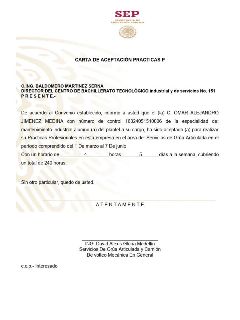Formato Carta Aceptacion Prácticas Profesionales | PDF