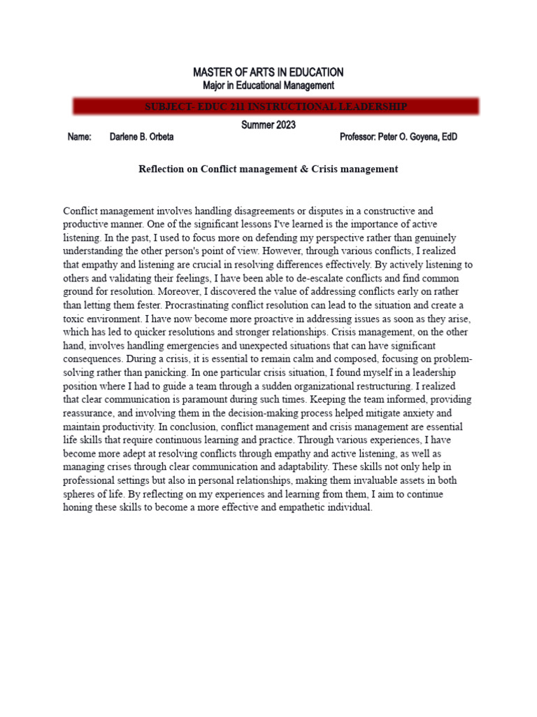 Reflection On Conflict Management & Crisis Management | Download Free ...