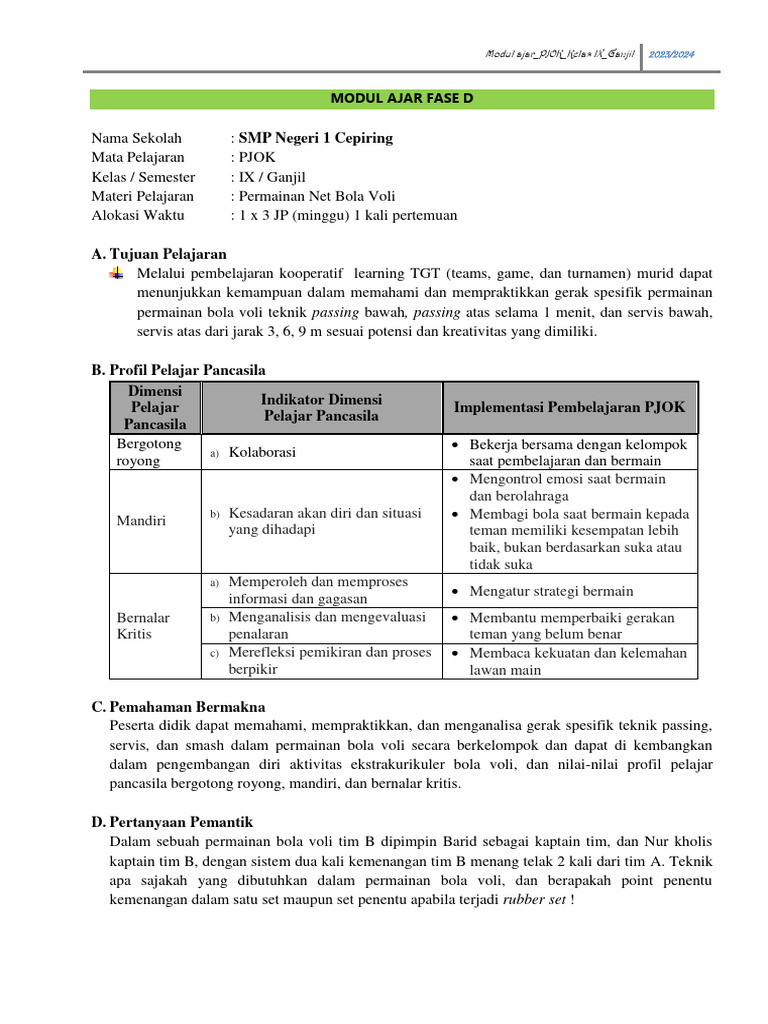 Modul Ajar Berdiferensiasi Permainan Voli Pjok KLS 9 | PDF
