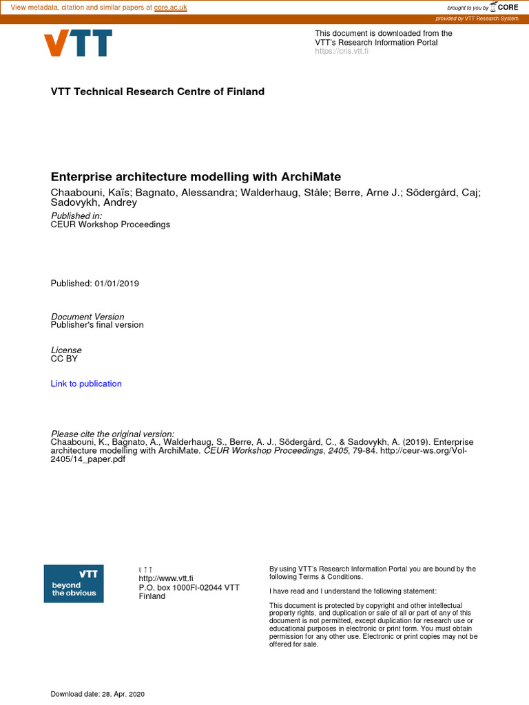 Enterprise Architecture Modelling With Archimate: VTT Technical ...