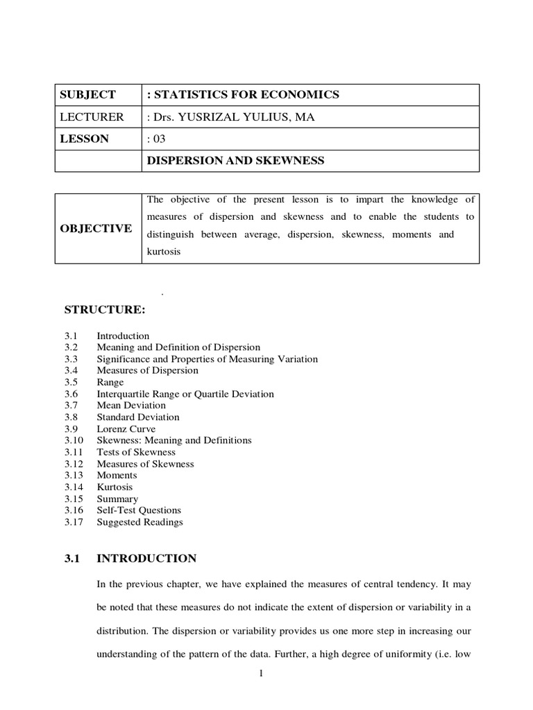 03 Dispersion And Skewness B Pdf Skewness Coefficient Of Variation