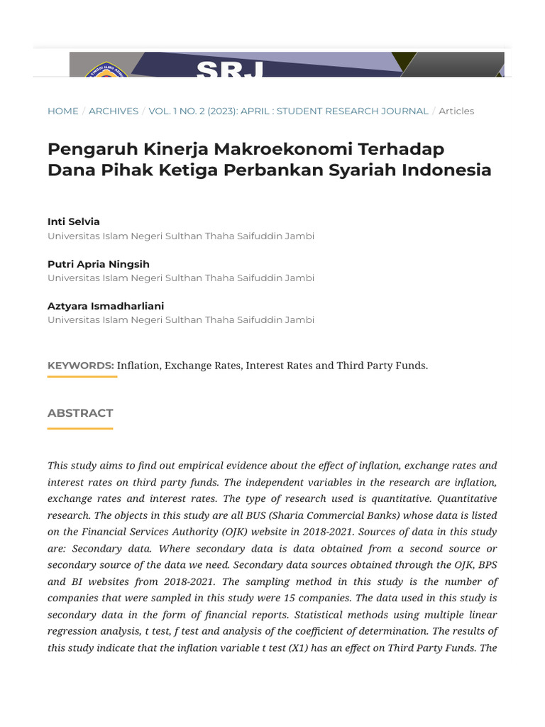 Pengaruh Kinerja Makroekonomi Terhadap Dana Pihak Ketiga Perbankan Syariah Indonesia - Student ...