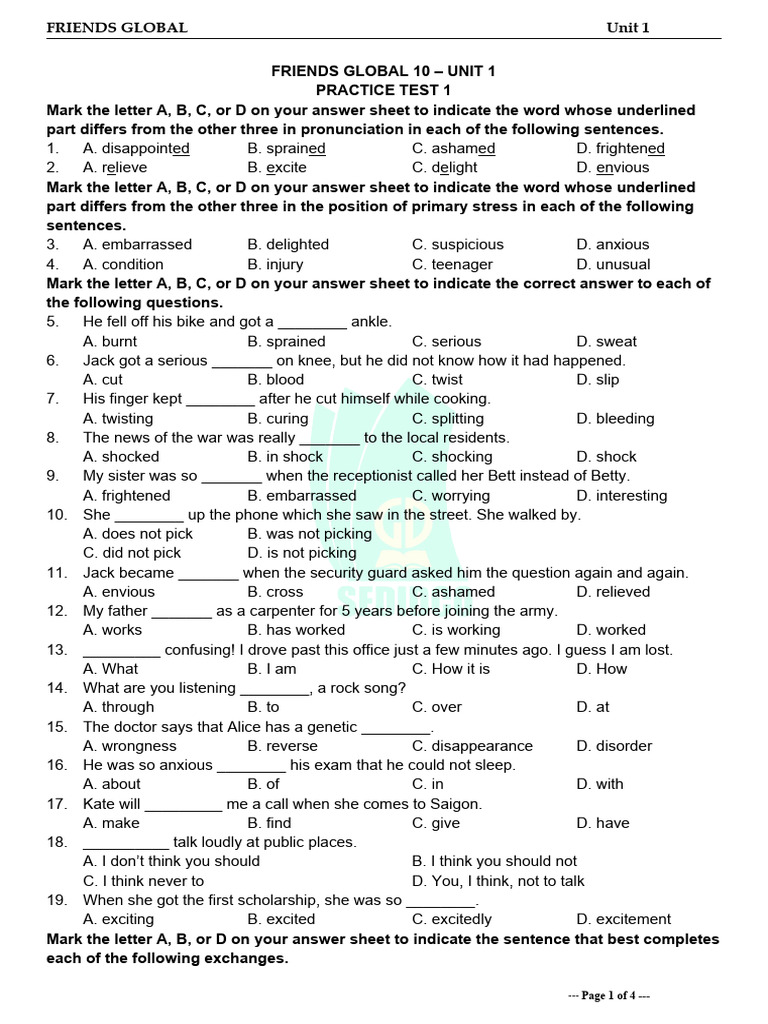 Tieng Anh 10 Friends Global - Unit 1 - Test 1 | PDF | Anger