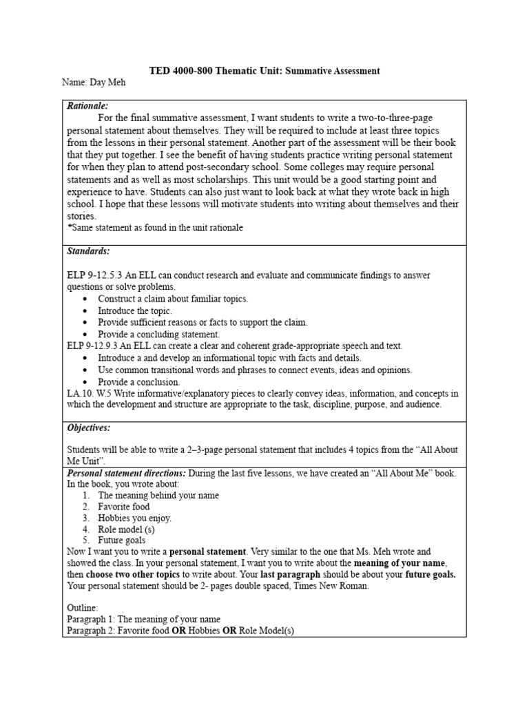 Meh - Ted 4000-800 Thematic Unit - Summative Assessment | PDF ...