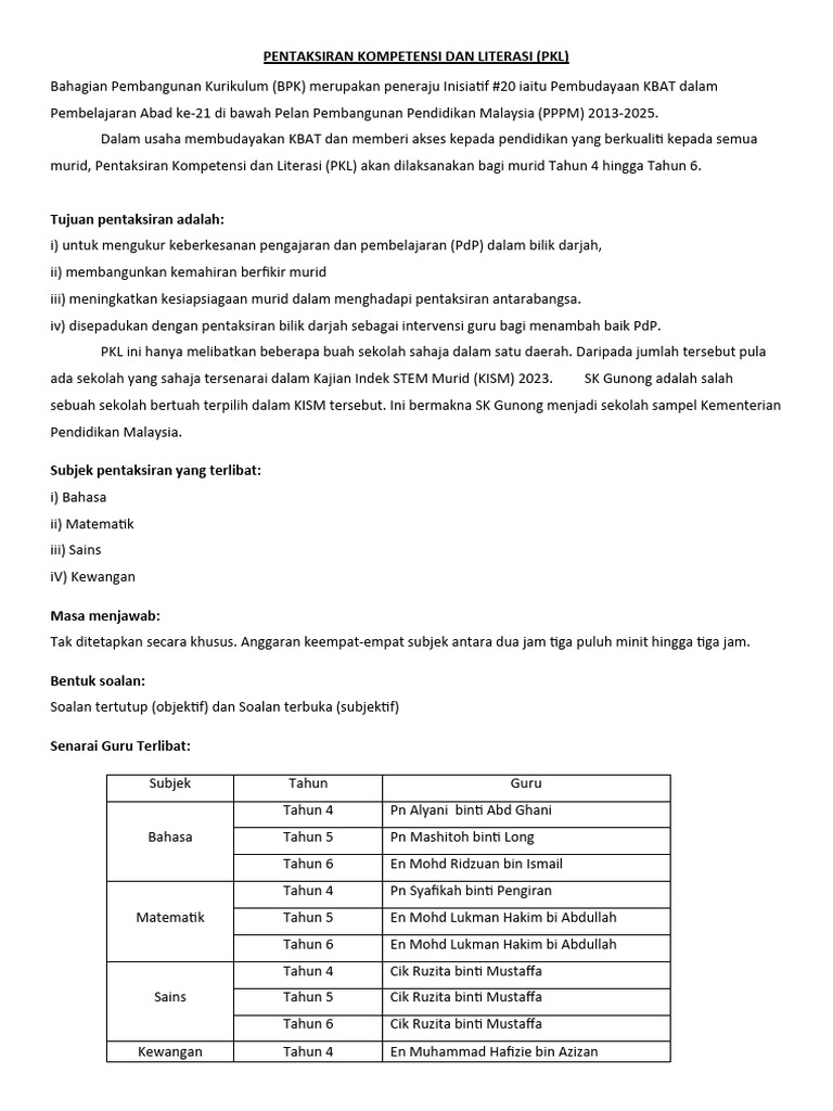 Pentaksiran Kompetensi Dan Literasi 2023 | PDF