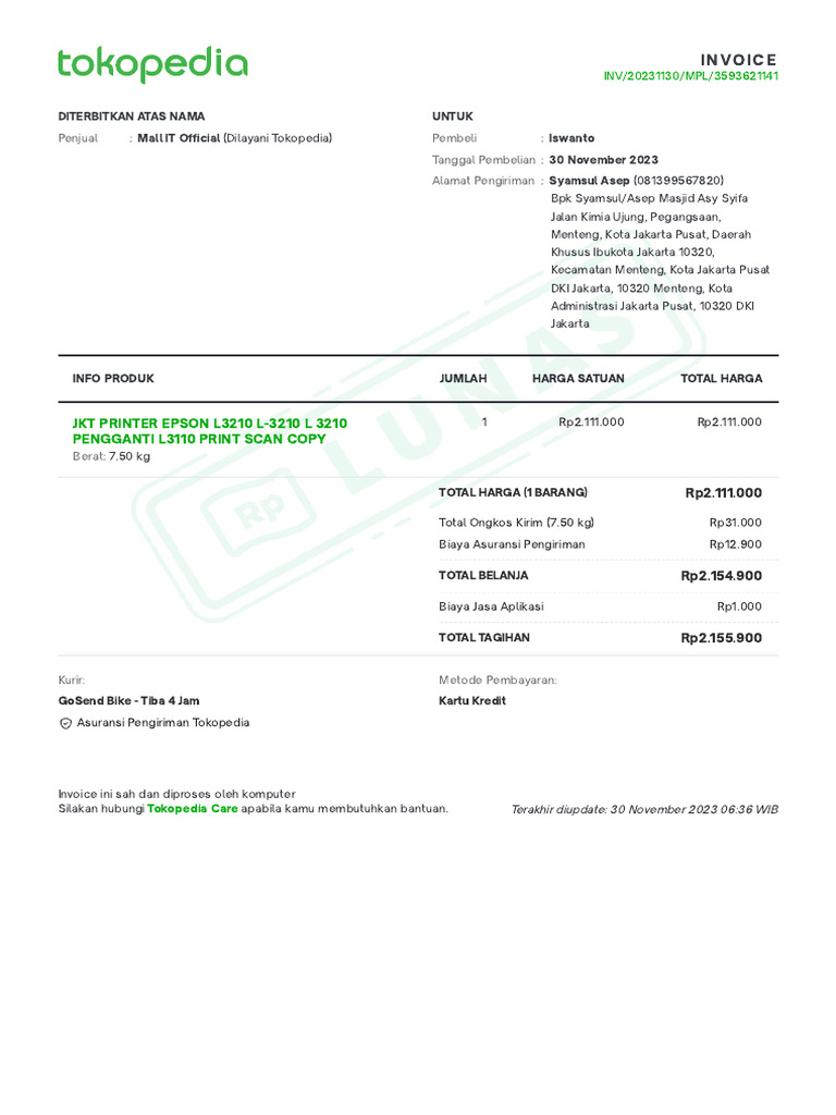 Invoice Pembelian Printer Epson L3210 | PDF