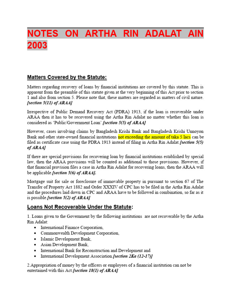 Notes On Arthorin Adalat Ain 2003 | PDF | Lawsuit | Mortgage Law