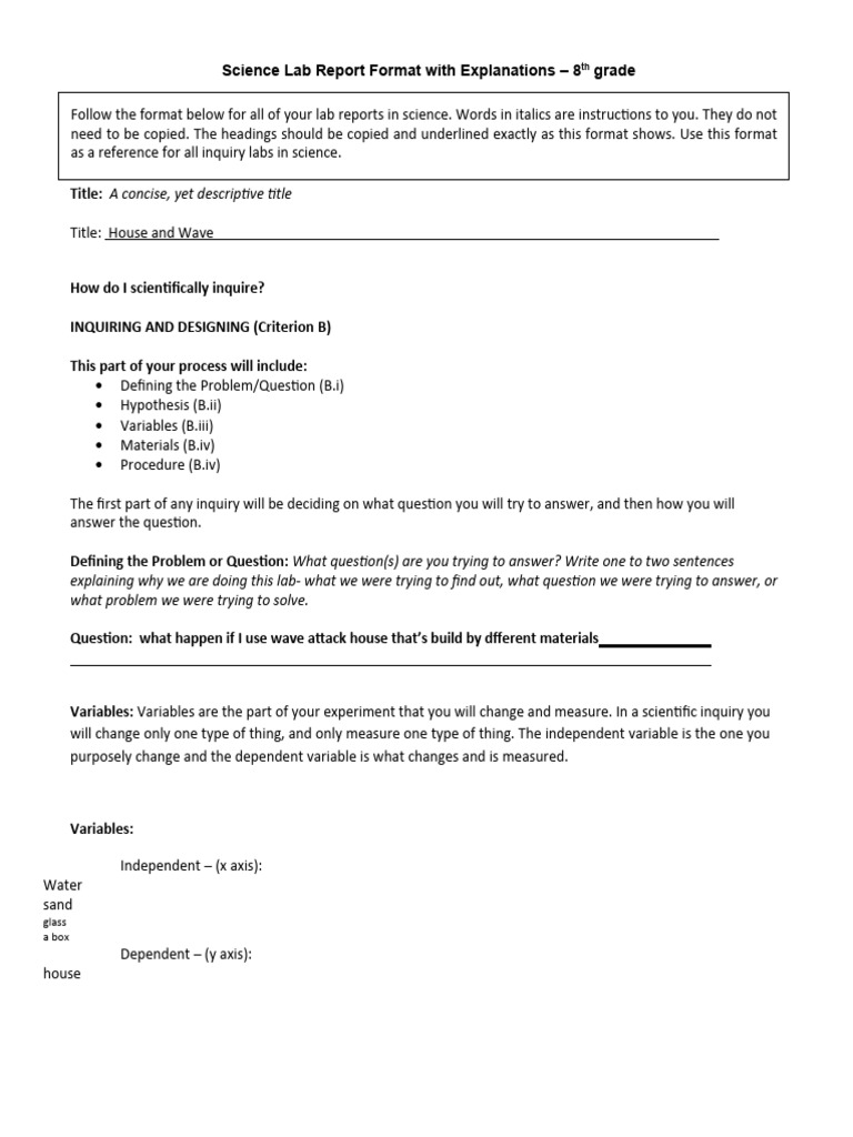 Use This Onescience Lab Report Format With Explanations - 8th 4 | PDF ...