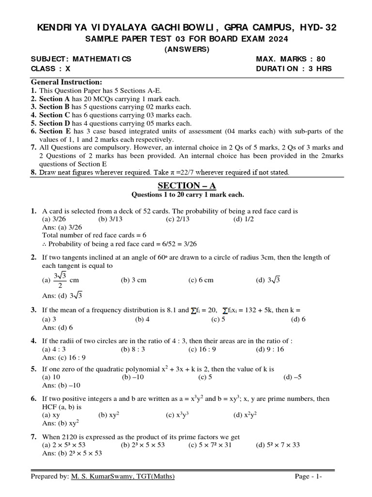 Maths Class X Sample Paper Test 03 For Board Exam 2024 Answers | PDF ...