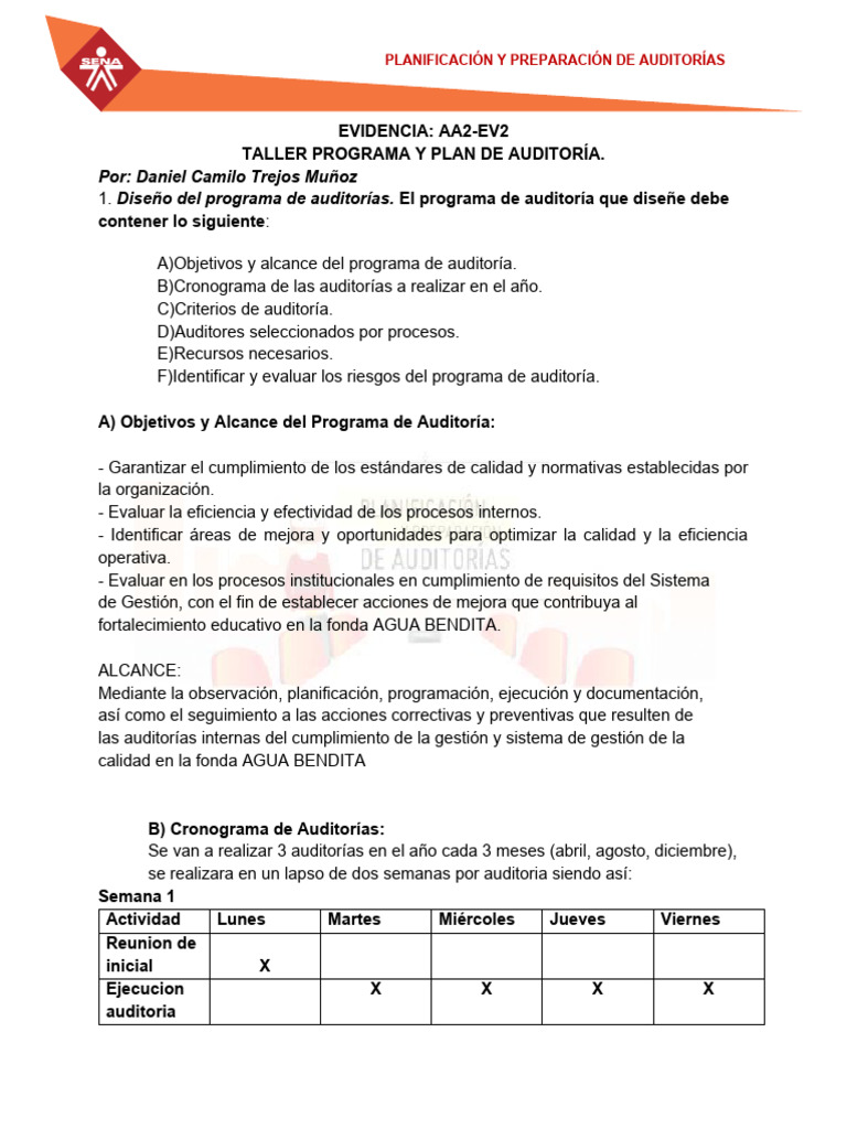 AA2-Ev2-Taller Programa y Plan de Auditoria Daniel Camilo Trejos Muñoz | PDF | Auditoría ...