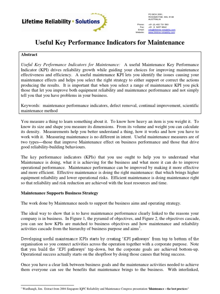 Useful Key Performance Indicators For Maintenance | PDF
