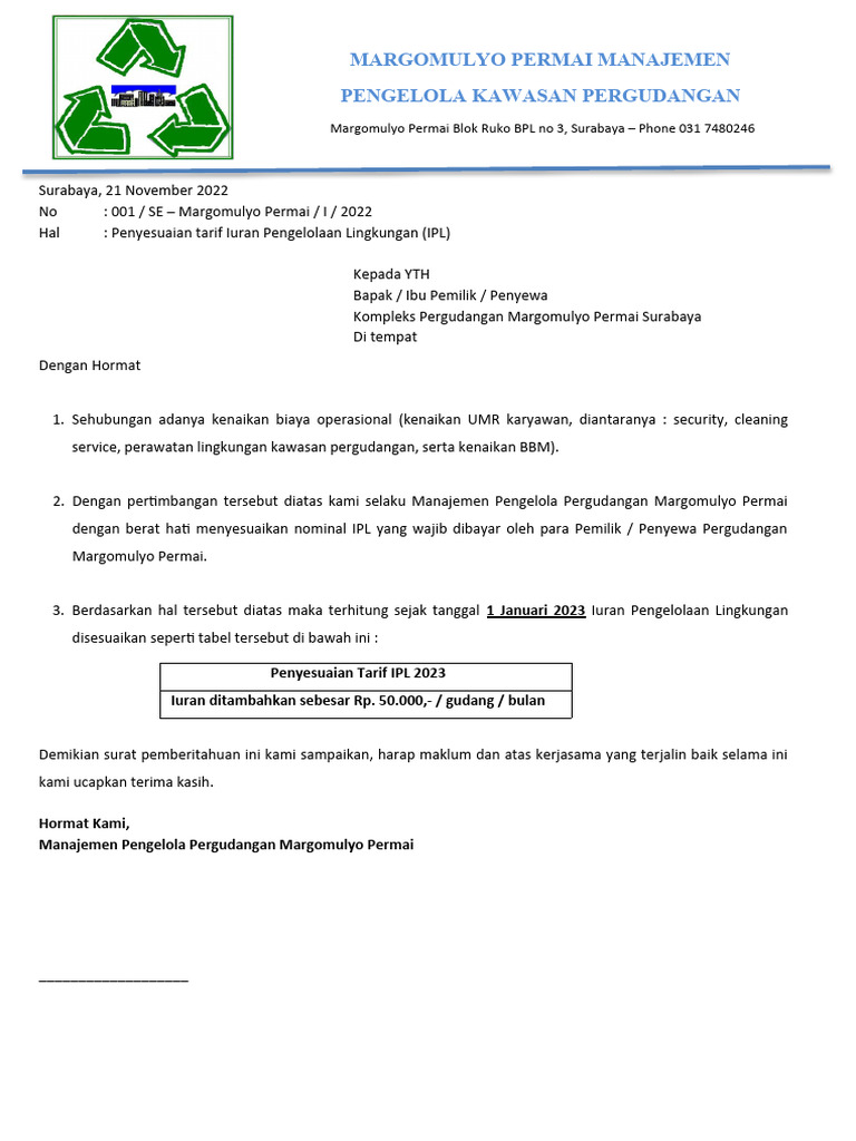 Surat Edaran Kenaikan Iuran Lingkungan MMP 2023 | PDF