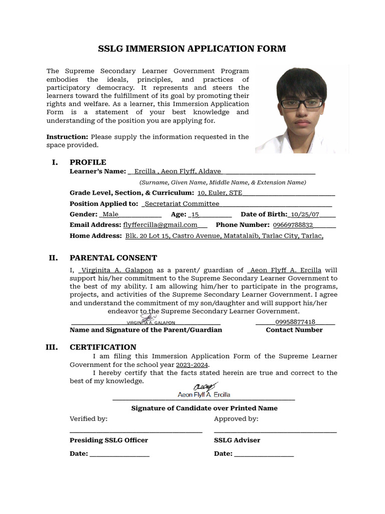 Ercilla, Aeon Flyff A. - SSLG IMMERSION APPLICATION FORM | PDF | Learning