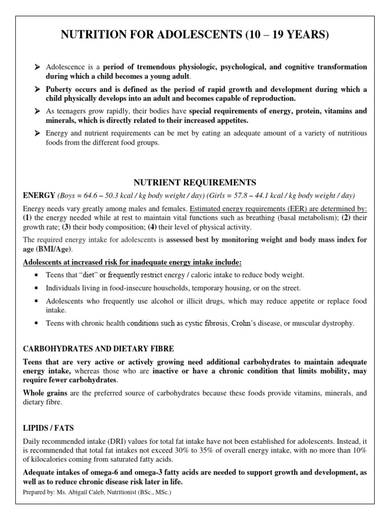 Nutrition For Adolescents | PDF | Food Energy | Vitamin
