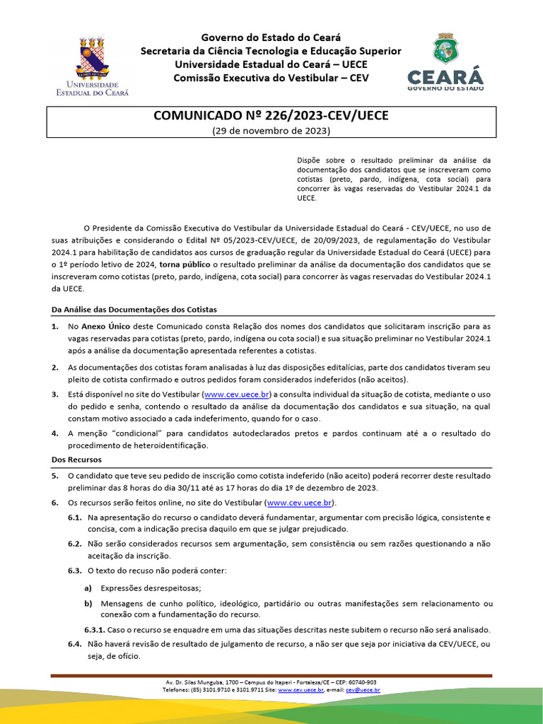 Comunicado 226 2023 Cotas Resultado Preliminar Vestibular 2024.1 1 | PDF