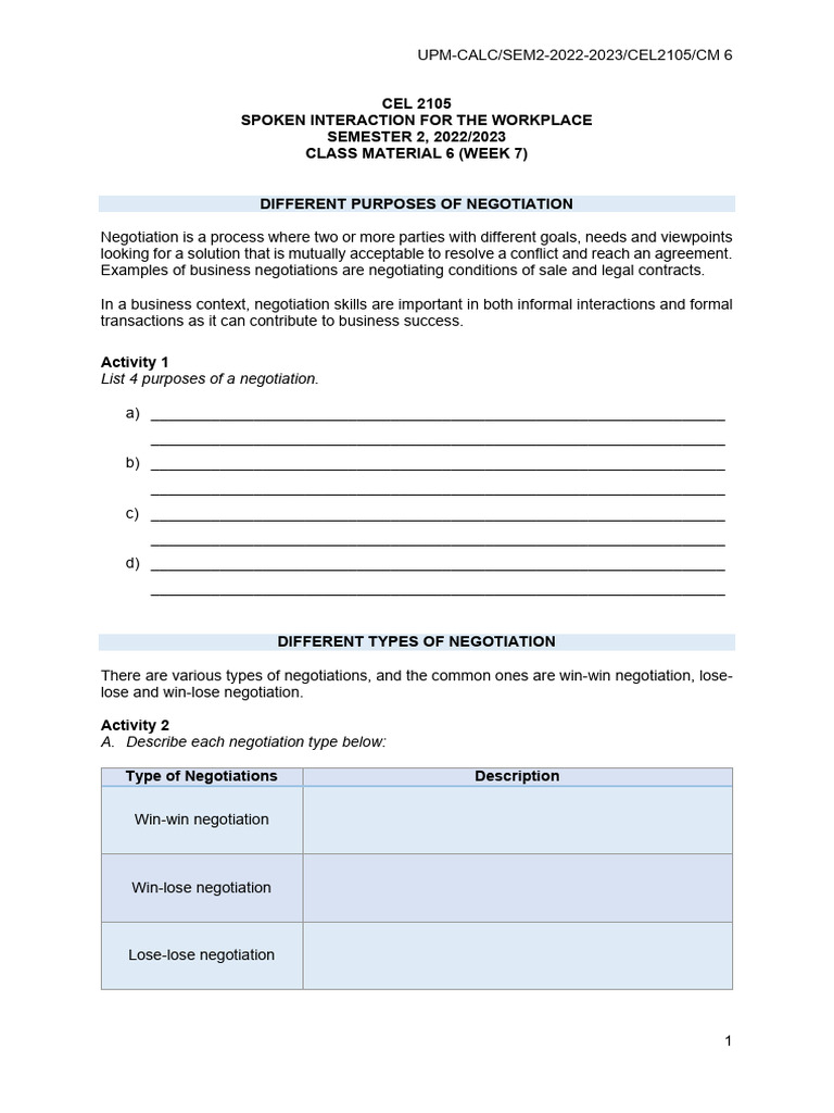CEL2105 Class Material 6 SEM 2-2022-2023 | PDF | Negotiation | Business