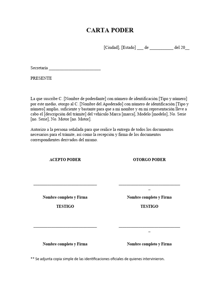 Carta Poder para Tramites Vehiculares Word para Imprimir | PDF