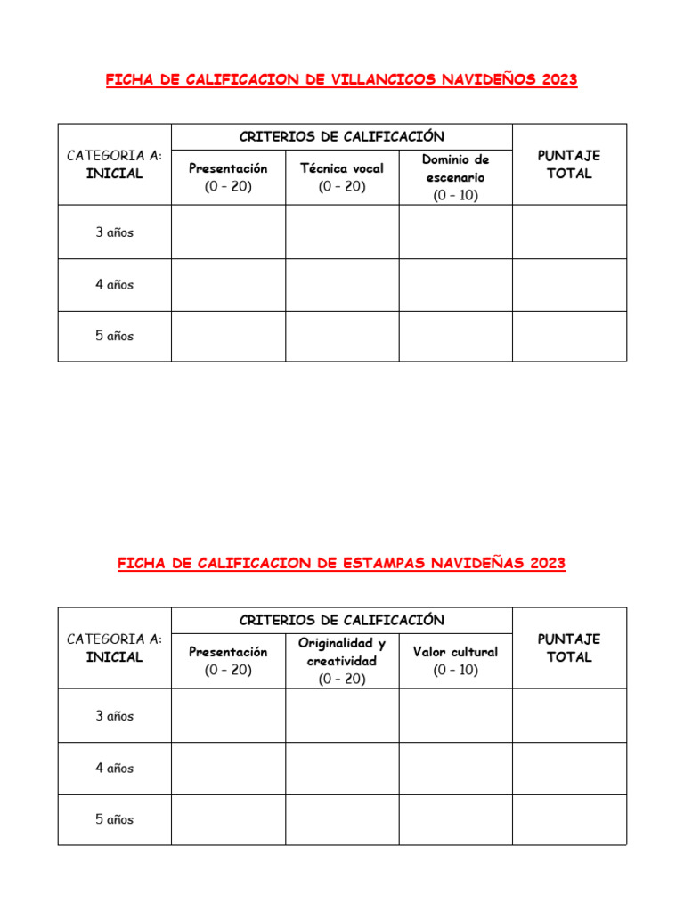 Ficha de Calificacion de Villancicos y Estampas - Inicial | PDF