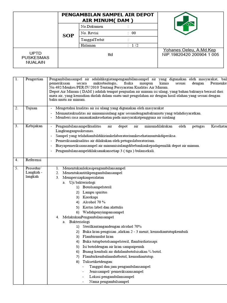 SOP Pengambilan-sampel-air-DAM F | PDF