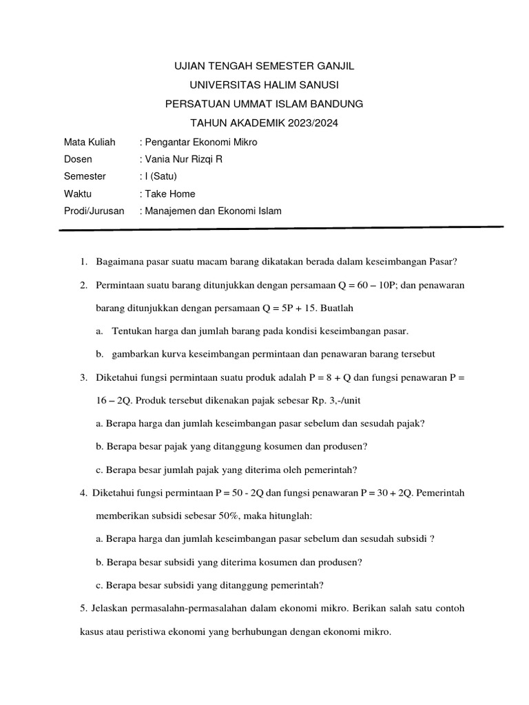 Soal UTS Mikro 2023 | PDF