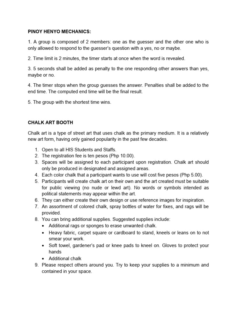 PINOY HENYO MECHANICS and CHALK ART BOOTH | PDF