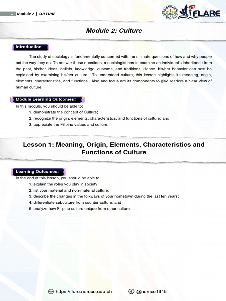 Module 2: Culture: Lesson 1: Meaning, Origin, Elements, Characteristics ...