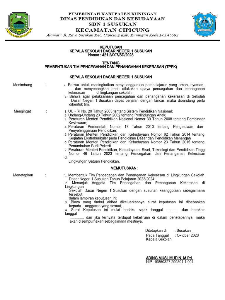 (Panduanmengajar - Com) SK Tim Pencegahan Dan Penanganan Kekerasan Di Lingkungan Satuan ...