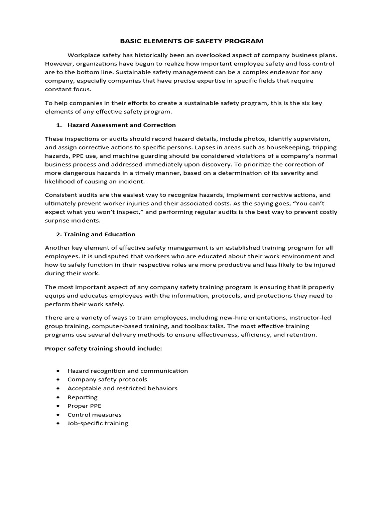 Basic Elements of Safety Program | PDF | Occupational Safety And Health ...