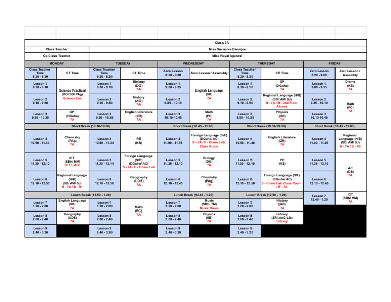 7A Class Timetable | PDF | Science