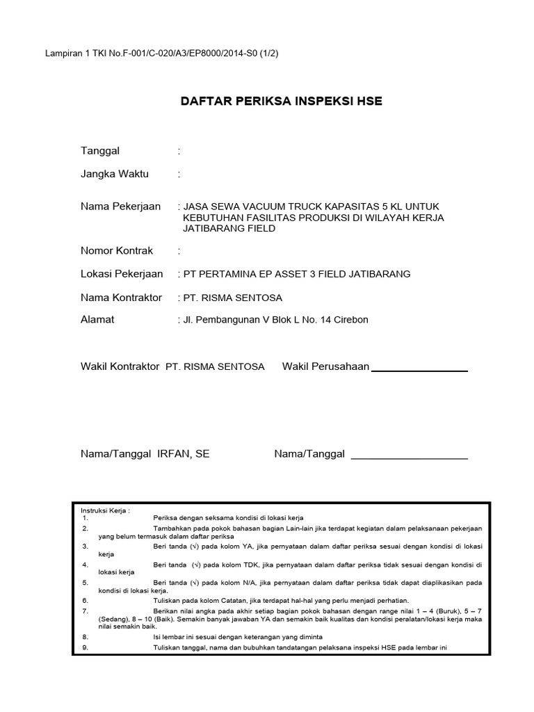 Daftar Periksa Inspeksi HSE.1.C-027.ok - Ceklis | PDF